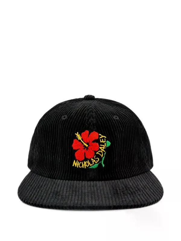 NICHOLAS DALEY Floral-embroidered Corduroy Cap - Black