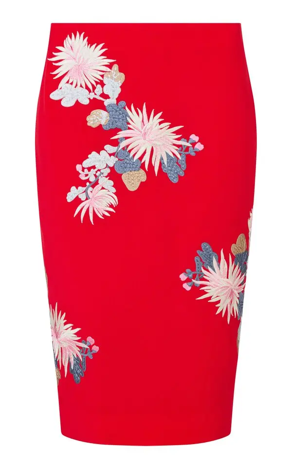 CONNER IVES Demi Couture Embroidered Silk Midi Skirt - Red