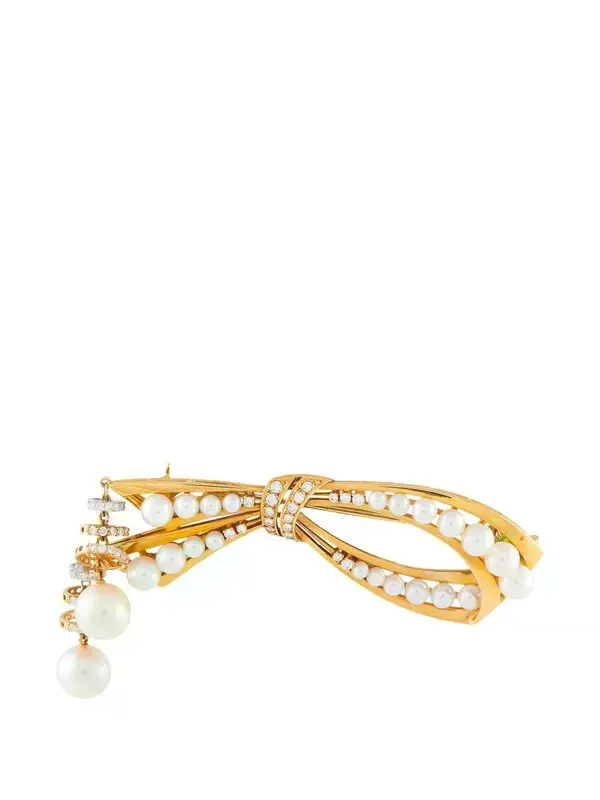 Mikimoto Embellished Bow Peral Brooch - Gold