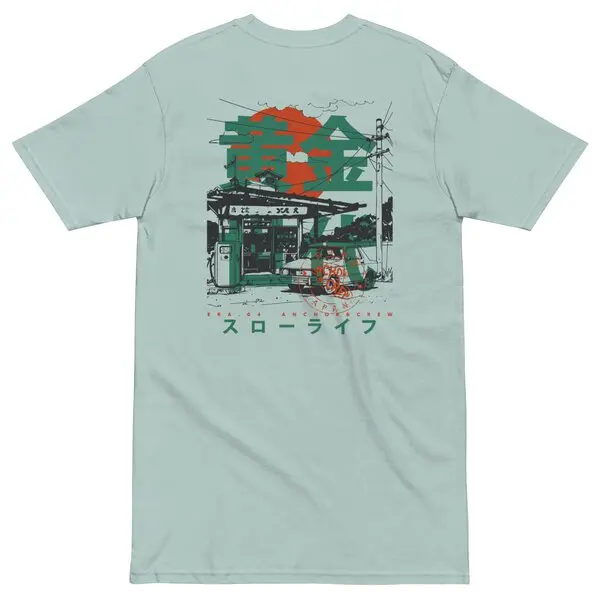 ANCHOR & CREW Ice Four Gas Station Japan Era Heavy Cotton T-shirt - Blue