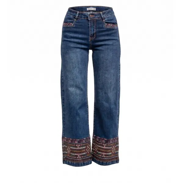 TANTRA SPAIN SL High-waisted Jeans With Ethnic Patterns On The Hem And Front Fockets - Blue