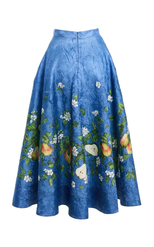 Oscar De La Renta Printed Crushed Satin Midi Skirt