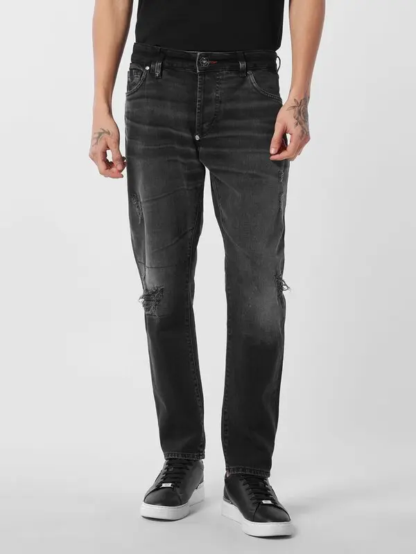 Philipp Plein Straight Fit Five-pocket Cotton Denim Jeans With Mid-rise Waist