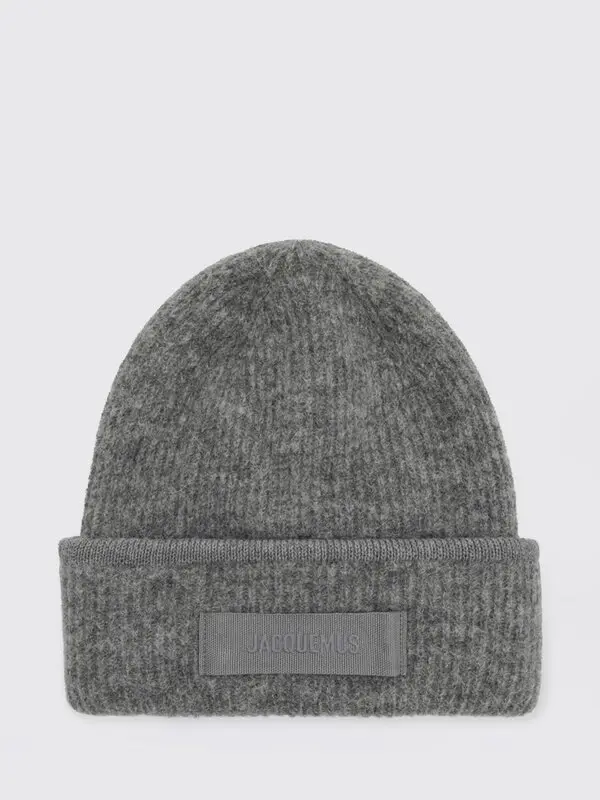 Jacquemus Ribbed Wool And Alpaca Blend Beanie With Embroidered Logo - Grey