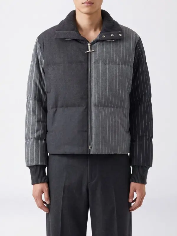 Thom Browne Quilted Wool Down Jacket With 4-bar Stripe And High Collar