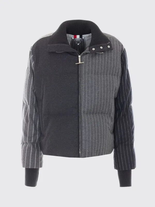 Thom Browne Quilted Wool Down Jacket With 4-bar Stripe And High Collar