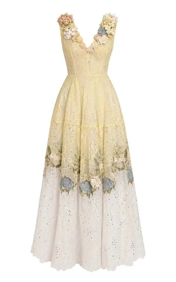 Erdem Embroidered Floral Lace Maxi Dress - Yellow