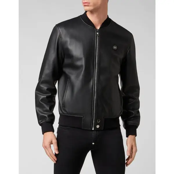 Philipp Plein Skull & Bones Nappa Leather Bomber Jacket Skull