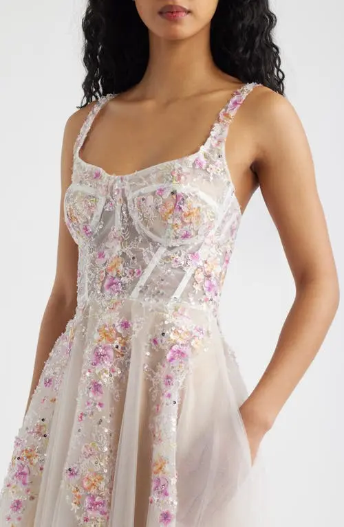 JUMP APPAREL 3d Embroidered Floral Tulle Gown