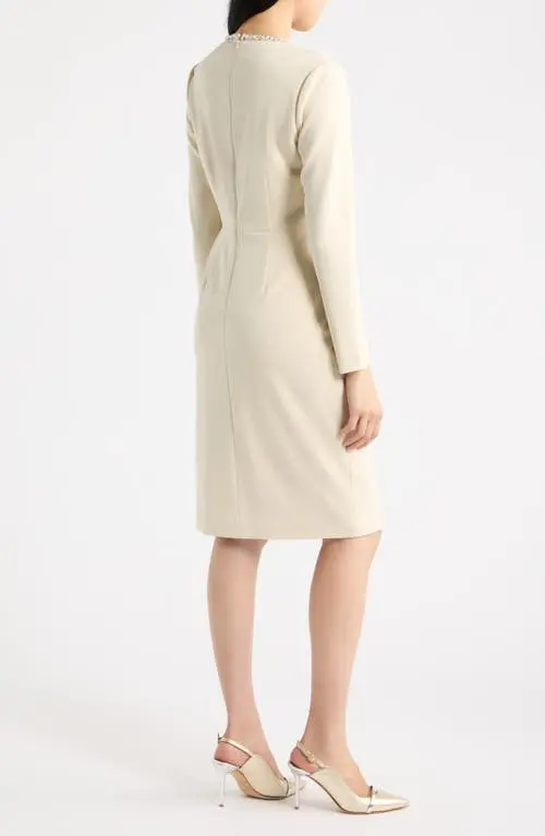 Anne Klein Embellished Twist Neck Long Sleeve Dress - Ivory Shell