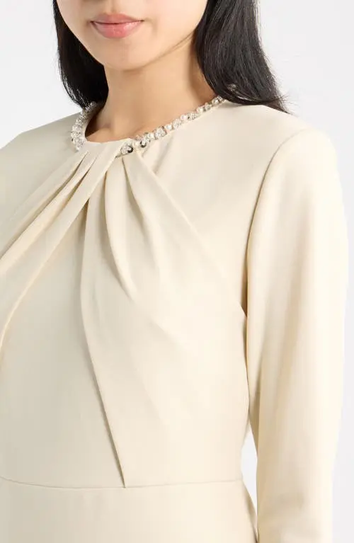 Anne Klein Embellished Twist Neck Long Sleeve Dress - Ivory Shell