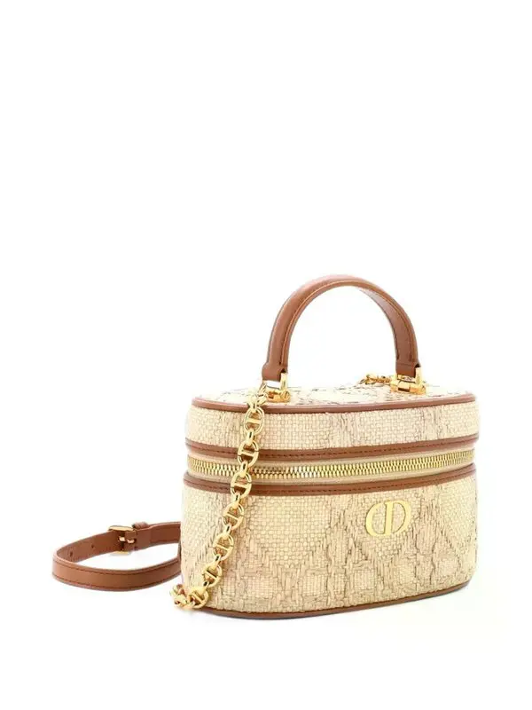 Dior Caro Top Handle Vanity Case With Strap Cannage Embroidered Raffia Shoulder Bag