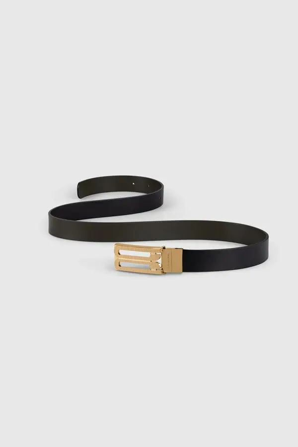 Victoria Beckham Dorian Guilloché Reversible Belt 25mm & Dark Olive Shiny Leather - Black
