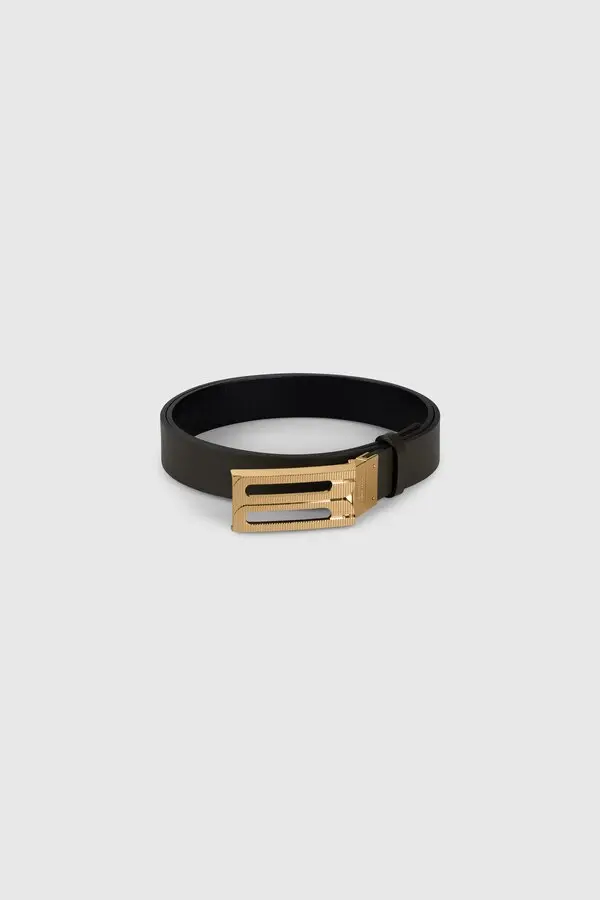 Victoria Beckham Dorian Guilloché Reversible Belt 25mm & Dark Olive Shiny Leather