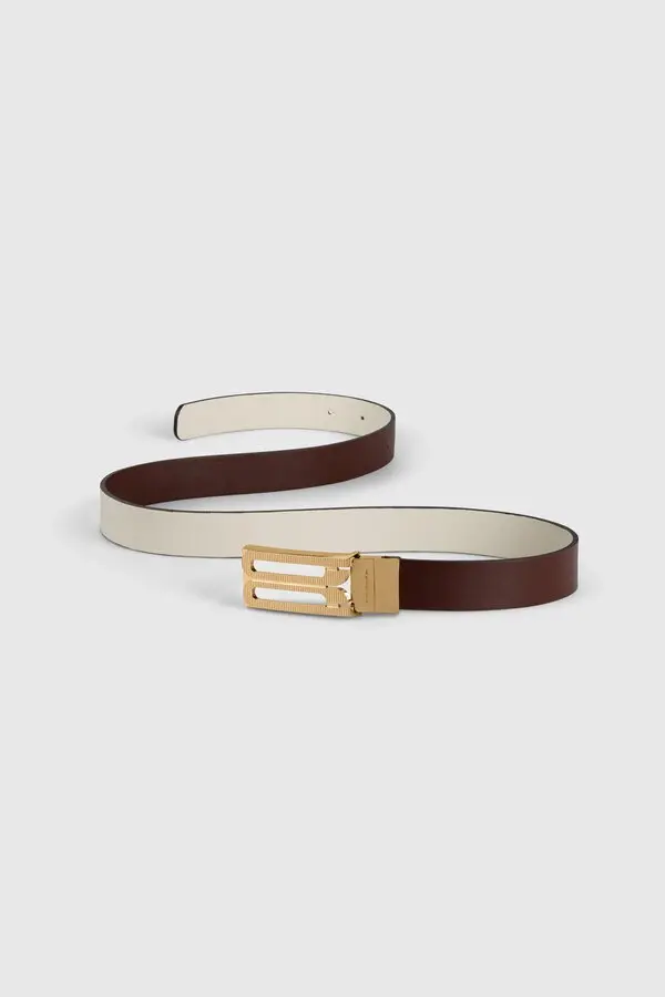 Victoria Beckham Dorian Guilloché Reversible Belt 25mm Brandy & Shiny Leather - Ivory