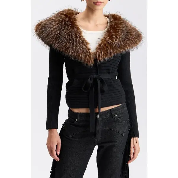 Avec Les Filles Faux Fur Collar Ribbed Cardigan - Black