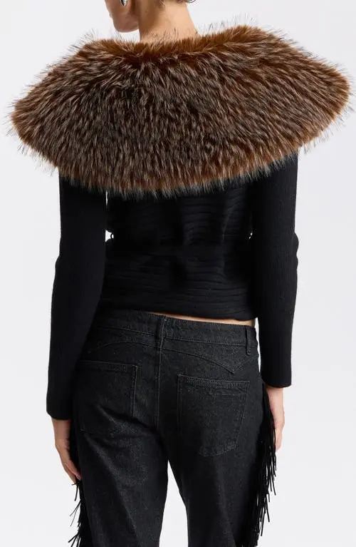 Avec Les Filles Faux Fur Collar Ribbed Cardigan - Black