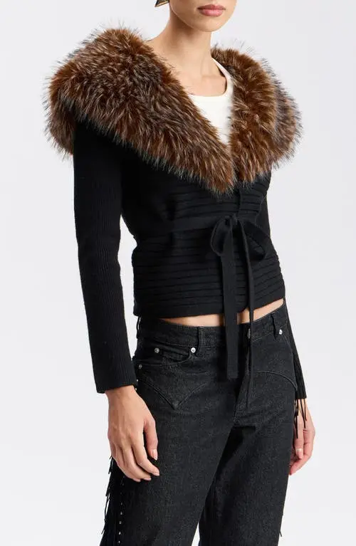 Avec Les Filles Faux Fur Collar Ribbed Cardigan - Black