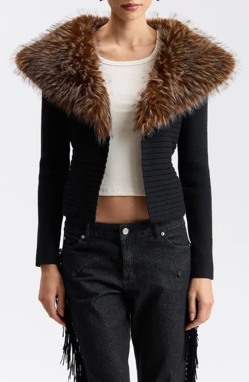 Avec Les Filles Faux Fur Collar Ribbed Cardigan - Black