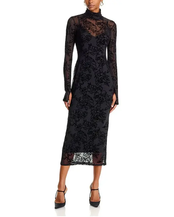 AFRM Shailene Flocked Mesh Midi Dress - Linework Rose