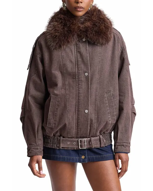 Avec Les Filles Faux Fur Collar Cotton Blend Bomber Jacket