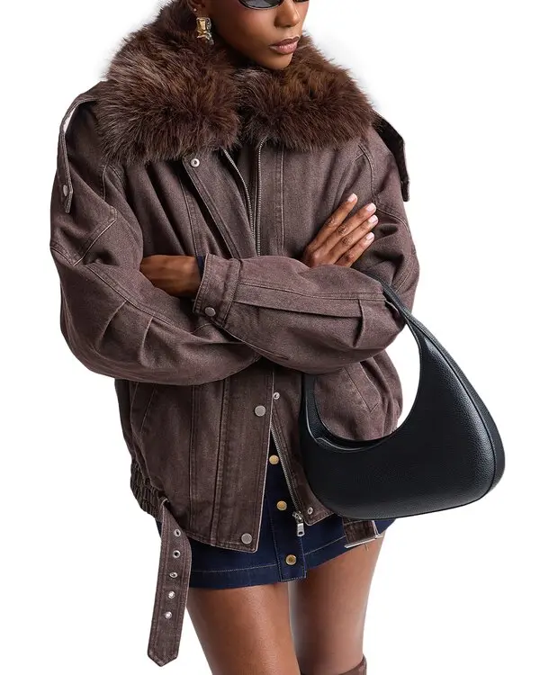 Avec Les Filles Faux Fur Collar Cotton Blend Bomber Jacket