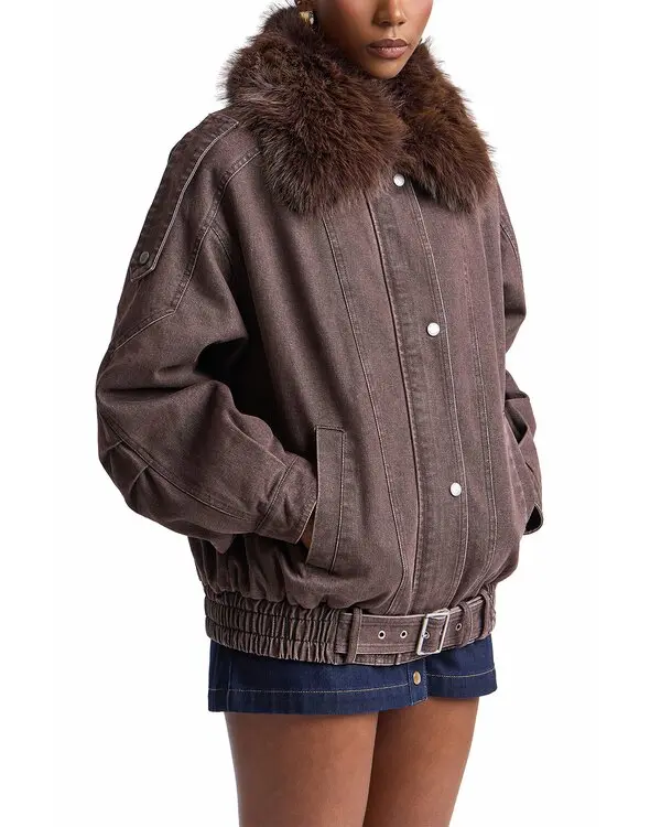 Avec Les Filles Faux Fur Collar Cotton Blend Bomber Jacket