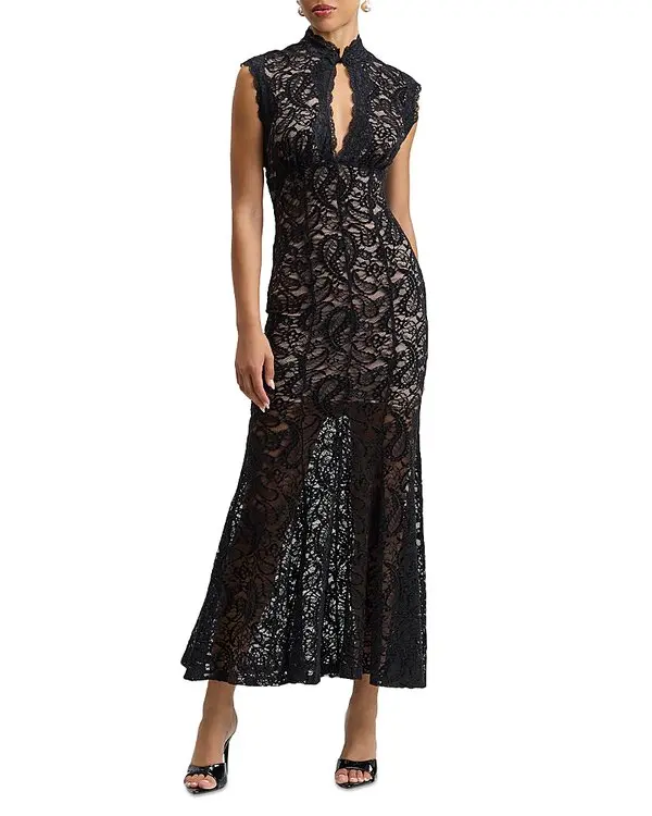 Avec Les Filles Lace Mandarin Collar Keyhole Maxi Dress