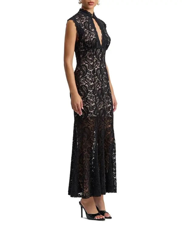 Avec Les Filles Lace Mandarin Collar Keyhole Maxi Dress