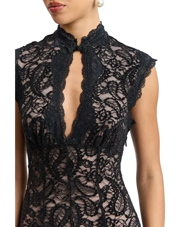 Avec Les Filles Lace Mandarin Collar Keyhole Maxi Dress