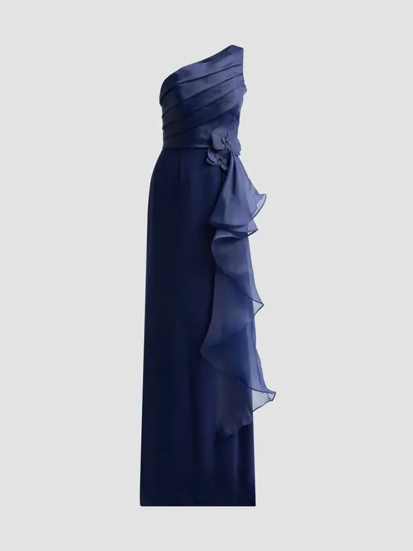 Rene Ruiz Collection Draped Organza One-shoulder Gown - Navy