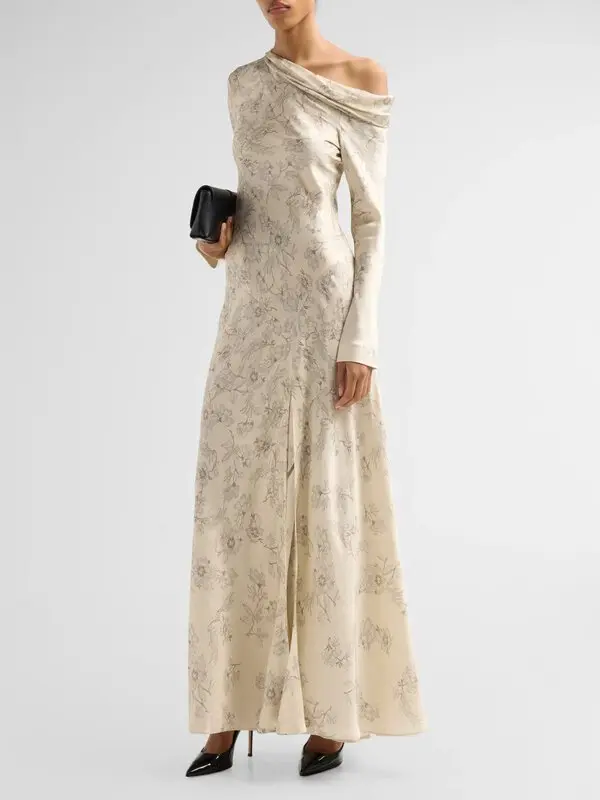 Alberta Ferretti Lace Printed Satin One-shoulder Gown