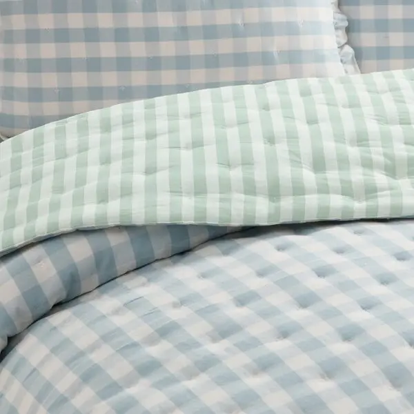 PERI HOME Gingham & Stripe Reversible Quilt Set, Queen - Blue