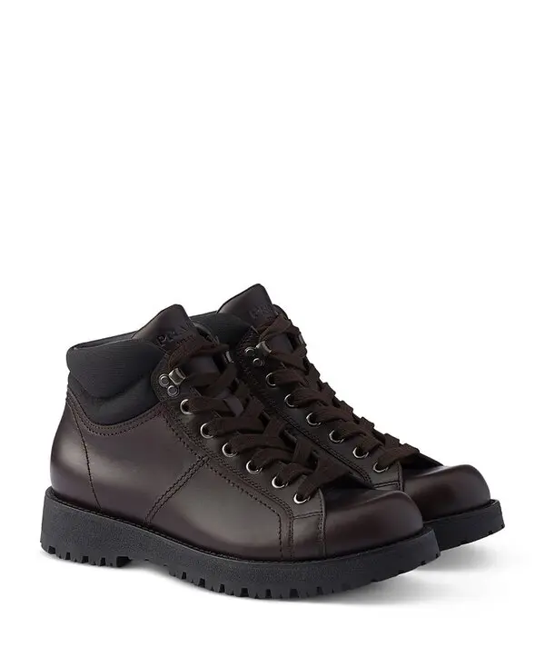 Prada Lace-up Leather And Re-nylon Booties - Brown