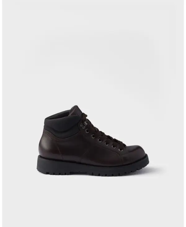 Prada Lace-up Leather And Re-nylon Booties - Brown