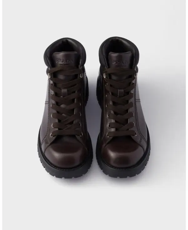 Prada Lace-up Leather And Re-nylon Booties - Brown