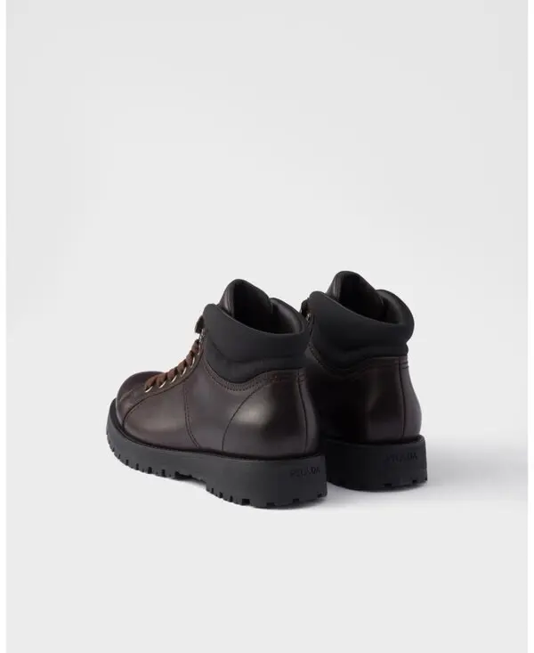 Prada Lace-up Leather And Re-nylon Booties - Brown