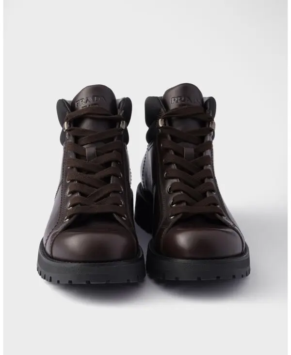 Prada Lace-up Leather And Re-nylon Booties - Brown