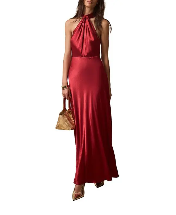 Mint Velvet Satin Halter Midi Dress - Red