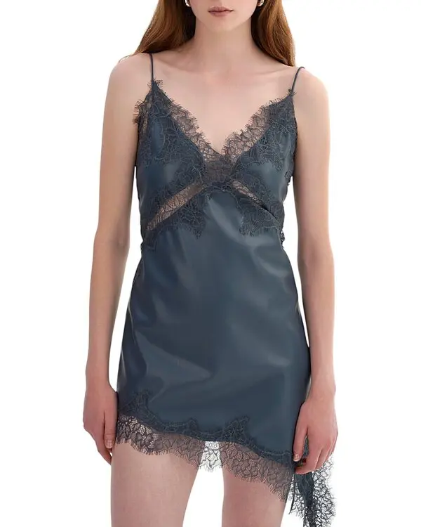 LAMARQUE Asymmetric Lace Trim Faux Leather Mini Dress - Graphite