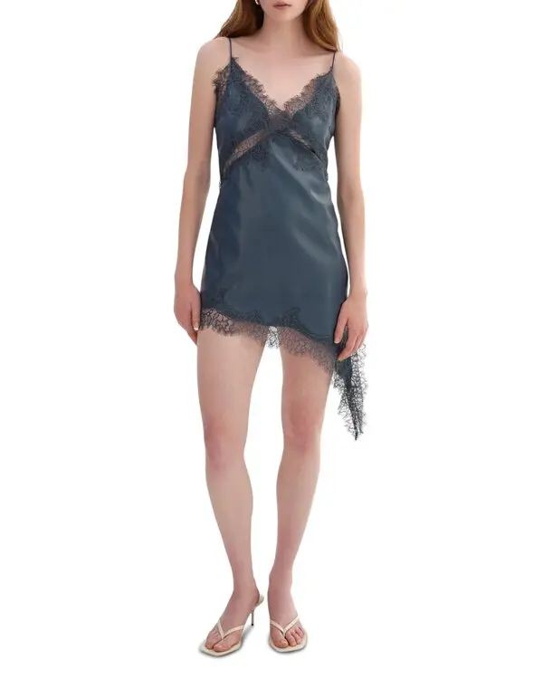 LAMARQUE Asymmetric Lace Trim Faux Leather Mini Dress - Graphite