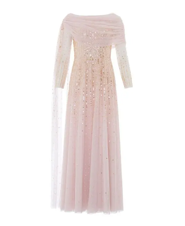 NEEDLE & THREAD Moonlight Sequin Draped Long Sleeve Gown