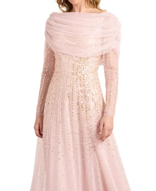 NEEDLE & THREAD Moonlight Sequin Draped Long Sleeve Gown
