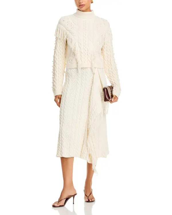 Simkhai Callista Cotton Blend Fringed Cable Knit Sweater