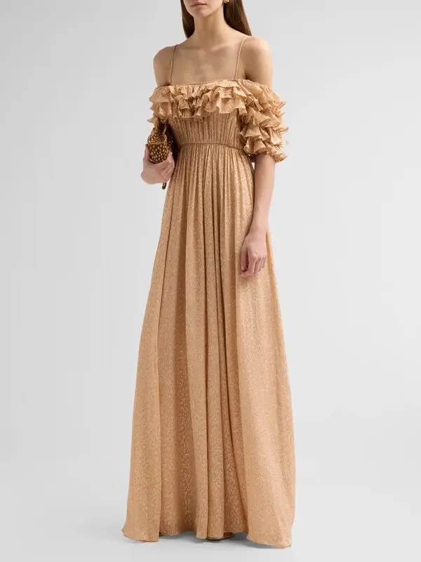 Ulla Johnson Persephone Ruffled Metallic Silk-blend Off-shoulder Gown