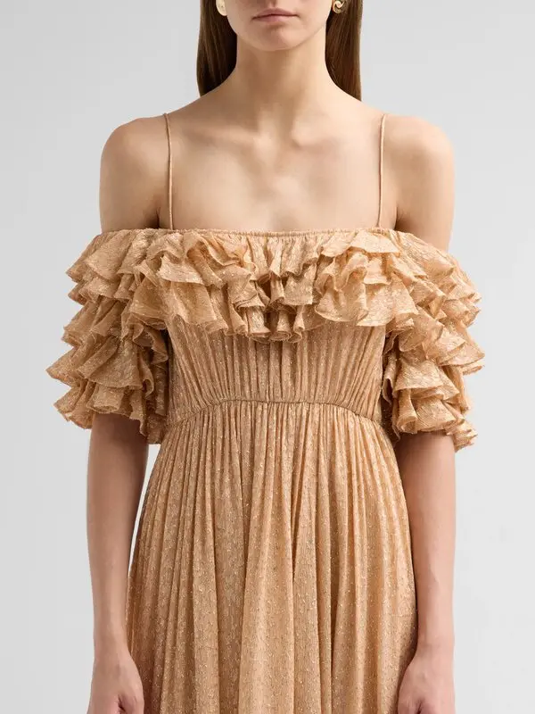 Ulla Johnson Persephone Ruffled Metallic Silk-blend Off-shoulder Gown