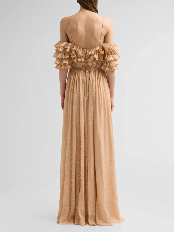 Ulla Johnson Persephone Ruffled Metallic Silk-blend Off-shoulder Gown