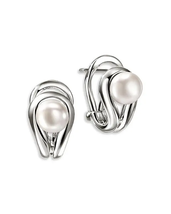 John Hardy Sterling Surf Cultured Freshwater Pearl Omega Earrings - Silver