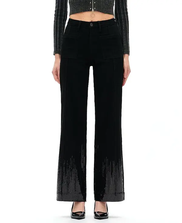 BAYEAS Mid Rise Wide Leg Denim Jeans With Sequin Embroidery In Wash