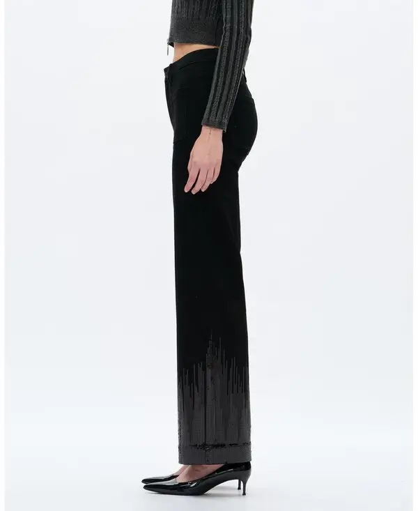 BAYEAS Mid Rise Wide Leg Denim Jeans With Sequin Embroidery In Wash